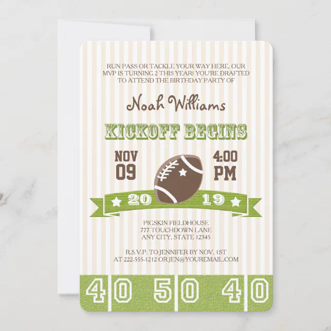 FOOTBALL KICKOFF ANY AGE BIRTHDAY INVITATION | Zazzle