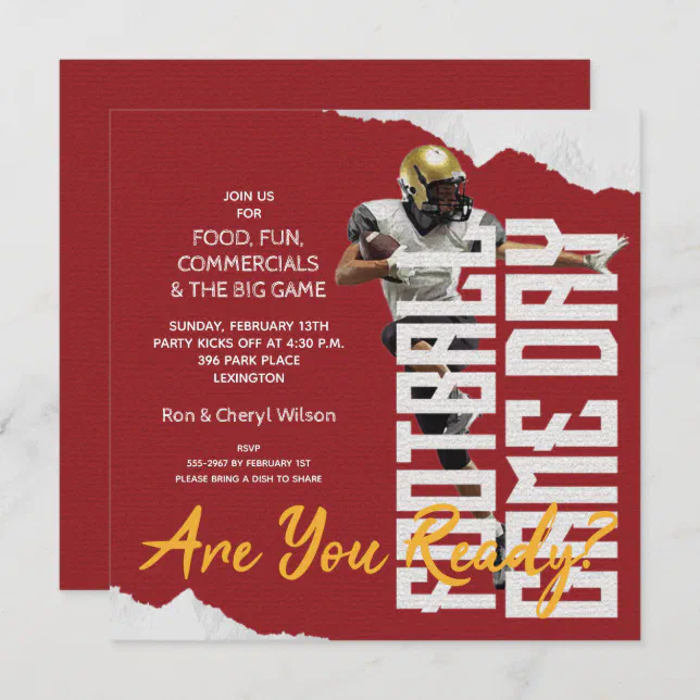 Football Player Big Game Day Red Party Invitations | Zazzle