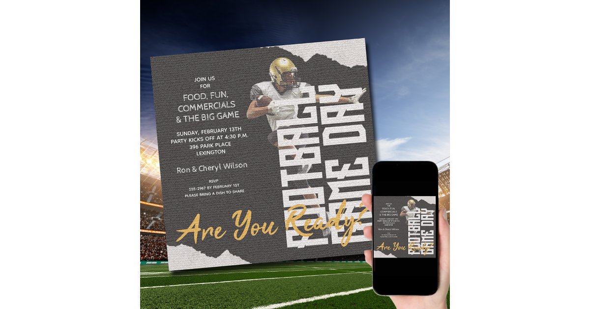 Football Player Game Day Black Invitation | Zazzle