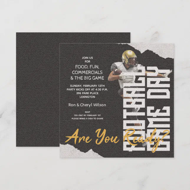 Football Player Game Day Black Party Invitations | Zazzle