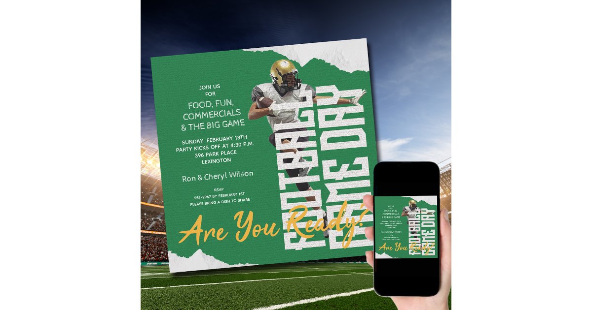 Football Player Game Day Green Invitation | Zazzle