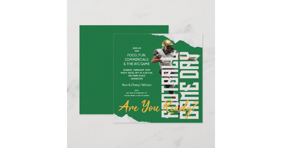 Football Player Game Day Green Party Invitations | Zazzle
