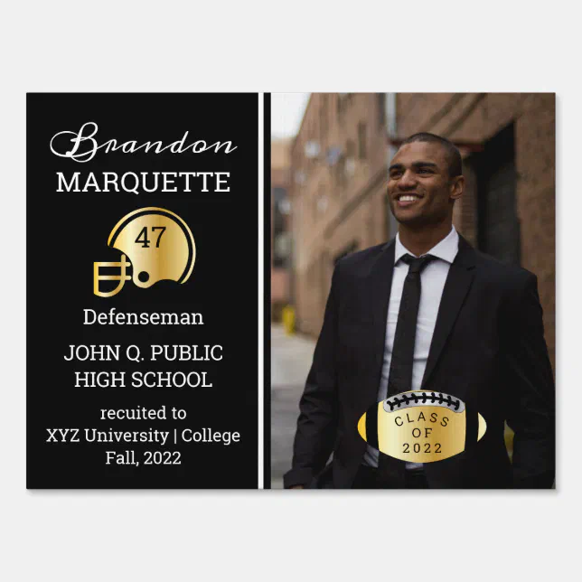 Football Player Photo Black | Gold Graduation Sign | Zazzle