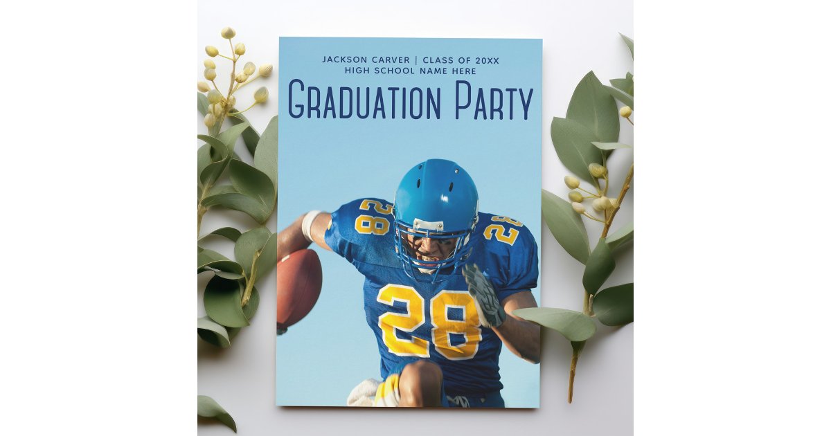 Football Player Photo Blue Script Graduation Party Invitation | Zazzle
