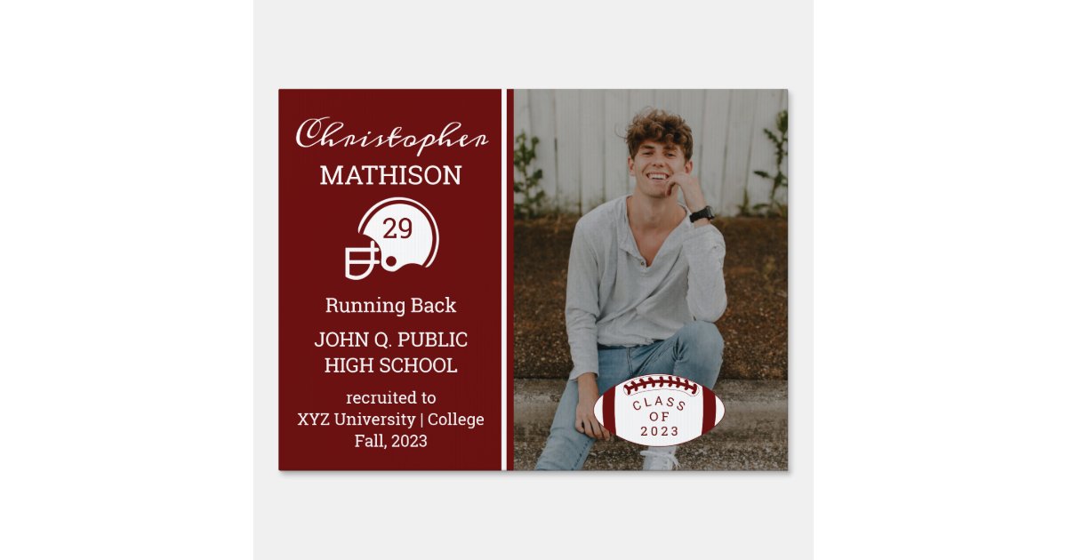 Football Player Photo Dk Red Graduation Sign | Zazzle