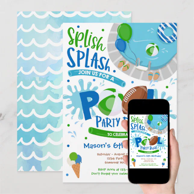 Football Pool Party Splish Splash Pool Birthday Invitation | Zazzle