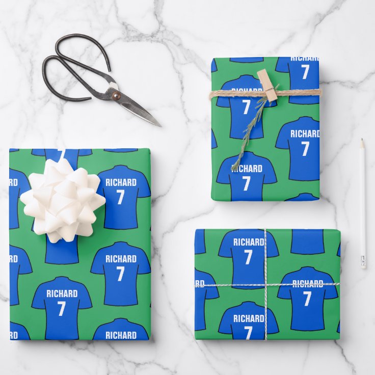 Football Shirt in Blue Wrapping Paper Sheets | Zazzle
