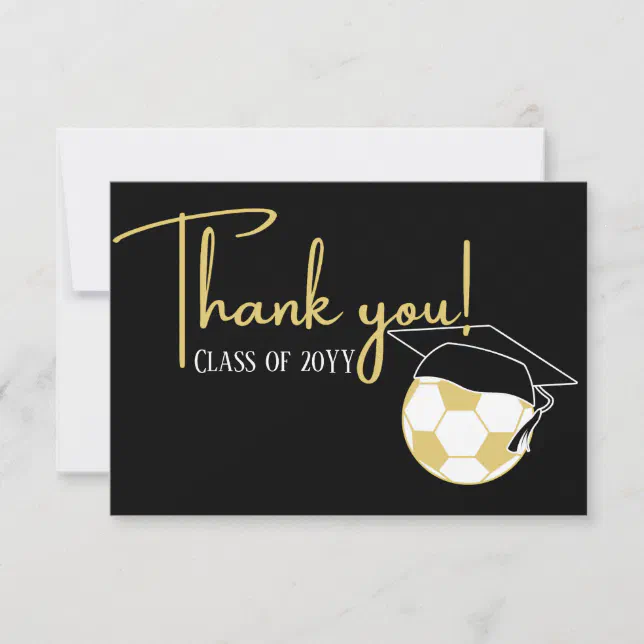 Football Soccer Black Gold Graduation ball cap Thank You Card | Zazzle