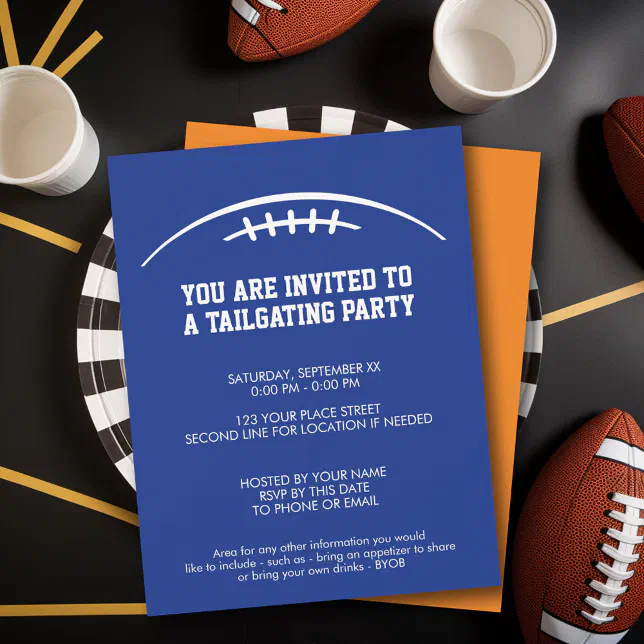 Football Tailgating Party - blue orange Invitation | Zazzle