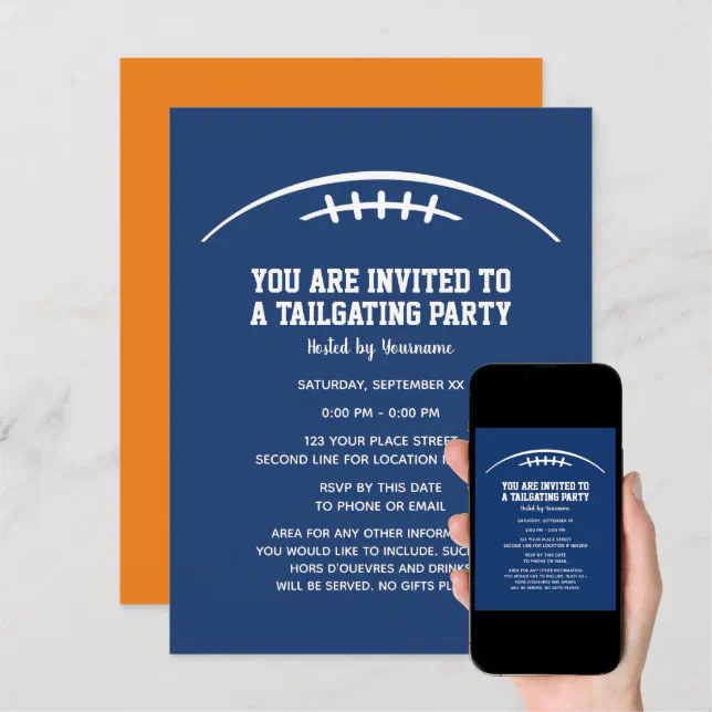 Football Tailgating Party - blue orange Invitation | Zazzle