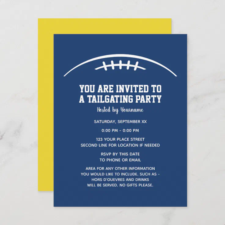 Football Tailgating Party - blue yellow Invitation | Zazzle