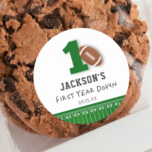 Football Theme First Year Down Birthday Favor Classic Round Sticker ...