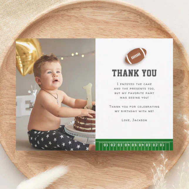 Football Theme First Year Down Birthday Photo Thank You Card | Zazzle