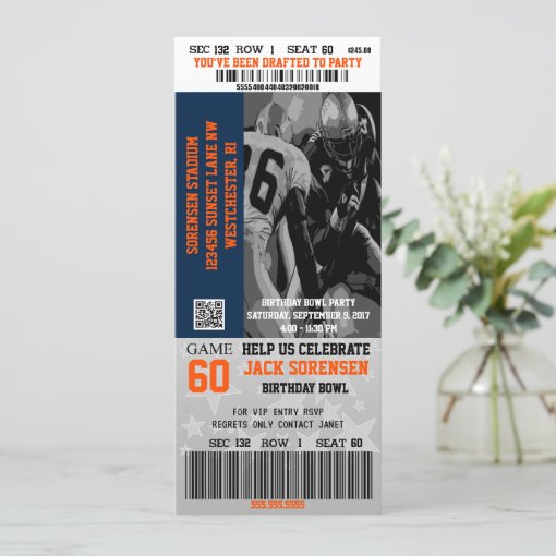 Football Ticket Blue & Orange Celebration Party Invitation | Zazzle
