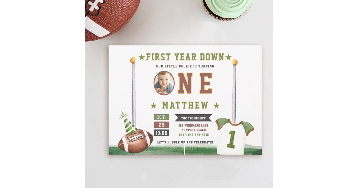 Football Touchdown Photo Cute Boy 1st Birthday Invitation | Zazzle