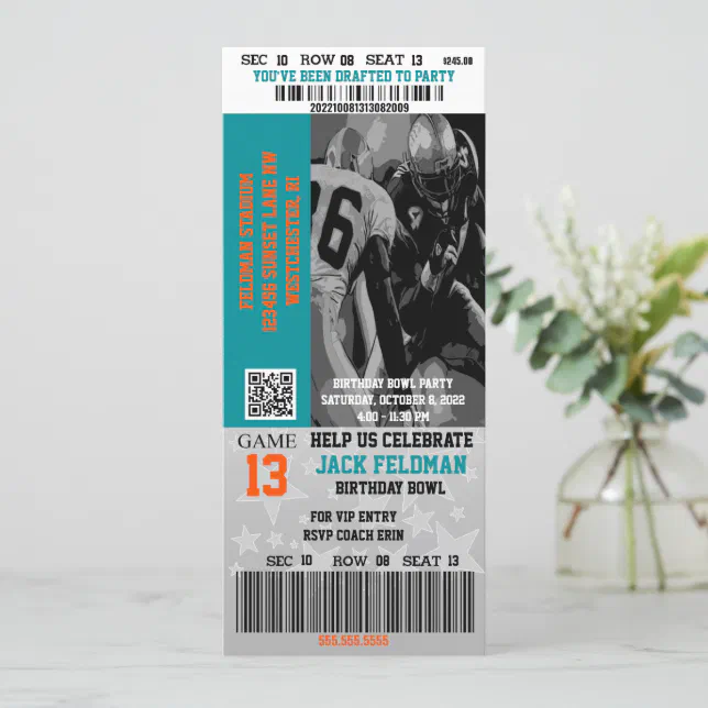Football VIP Ticket Aqua Blue & Orange Birthday Invitation | Zazzle