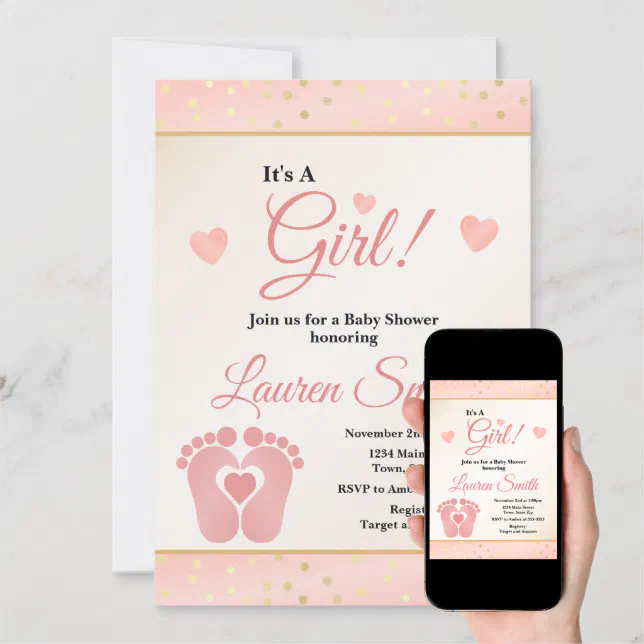 Footprint Baby Shower Invitation Girl, Baby Toes | Zazzle
