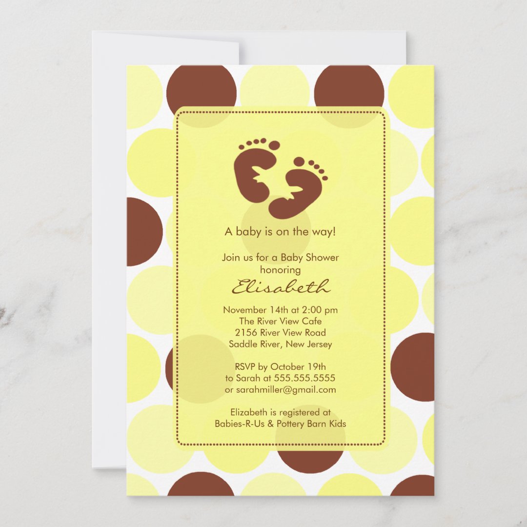 Footprint Baby Shower Invitation Yellow Polka Dots | Zazzle