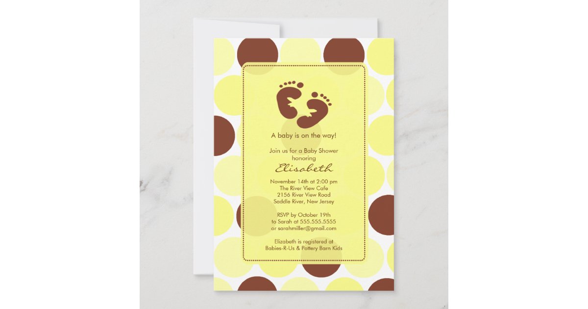 Footprint Baby Shower Invitation Yellow Polka Dots | Zazzle