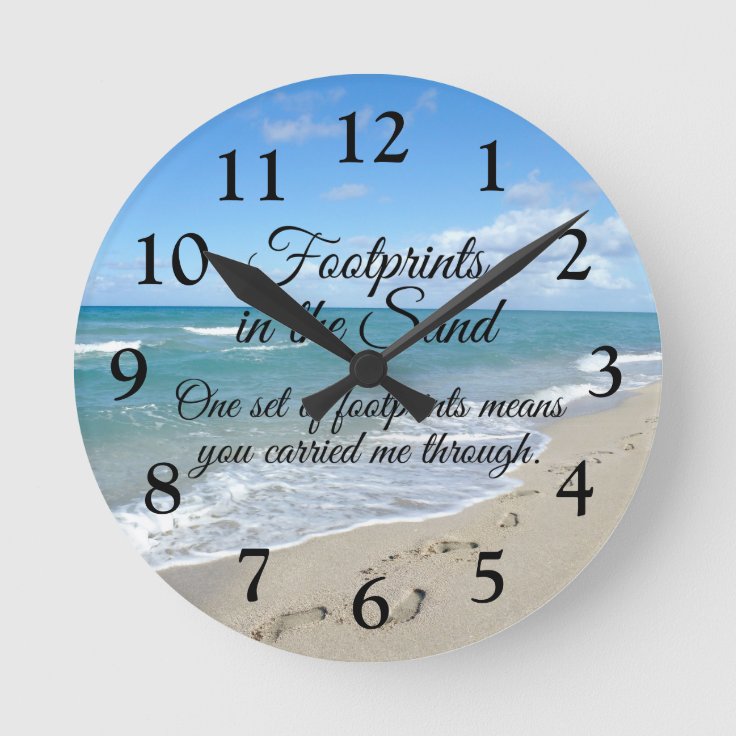 Footprints in the Sand Inspirational Christian Round Clock | Zazzle