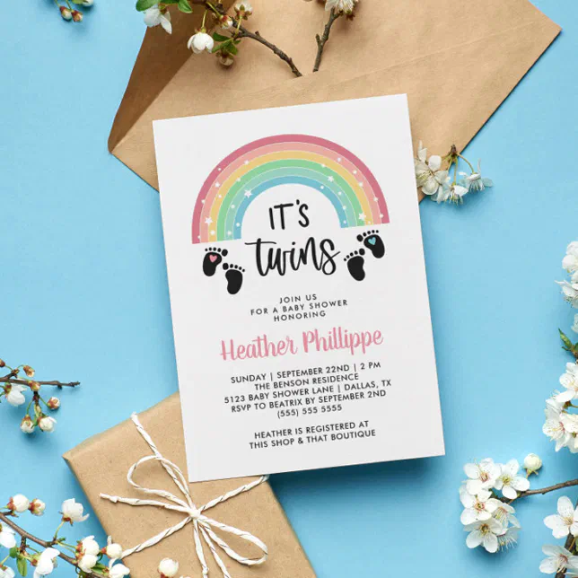 Footprints Rainbow Boy & Girl Twins Baby Shower Invitation | Zazzle