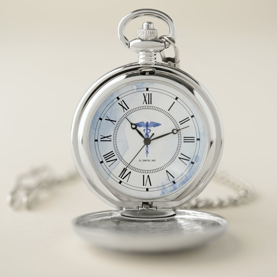 For Doctors & Nurses. Medical Caduceus Watercolor. Pocket Watch | Zazzle