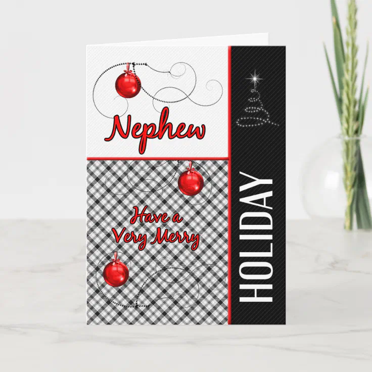 for Nephew Christmas Red Black and White Holiday Card | Zazzle
