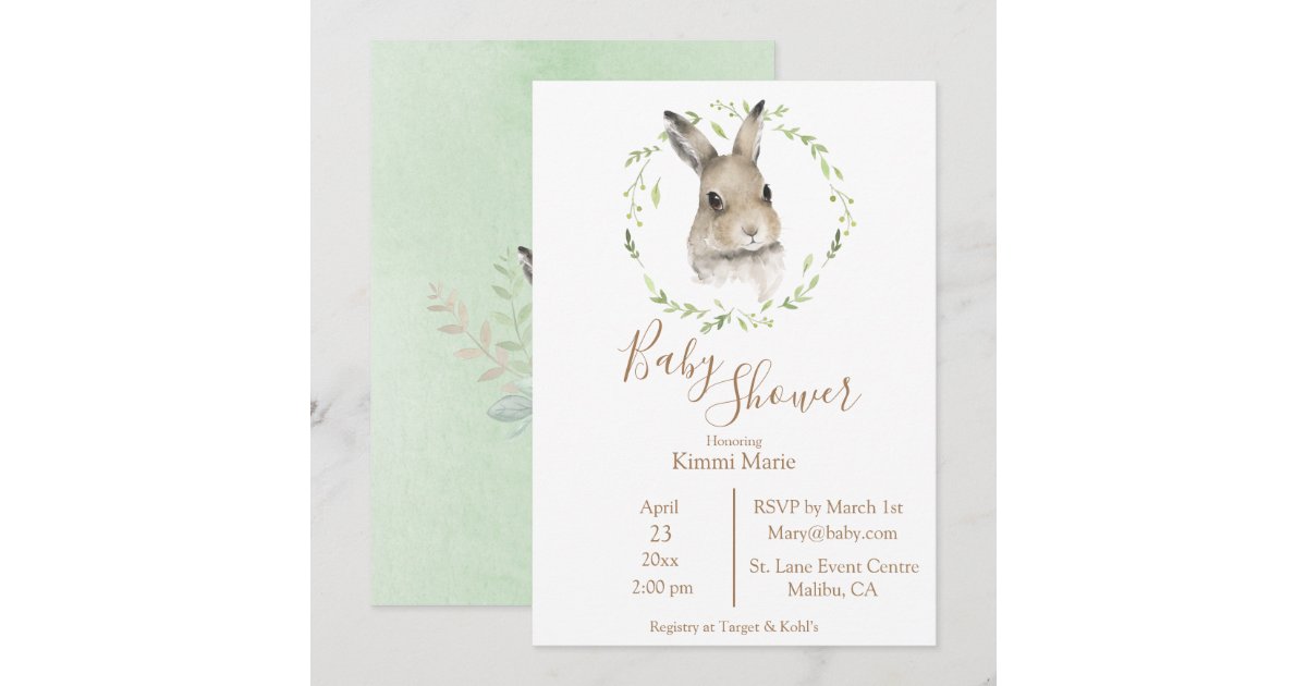Forest Animals Bunny Rabbit Script Watercolor Baby Invitation | Zazzle