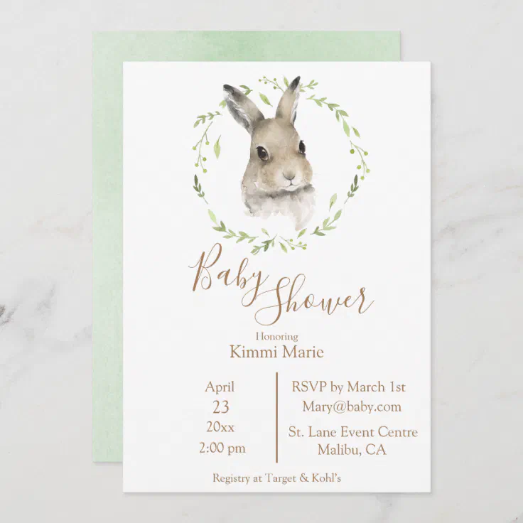 Forest Animals Bunny Rabbit Script Watercolor Baby Invitation | Zazzle