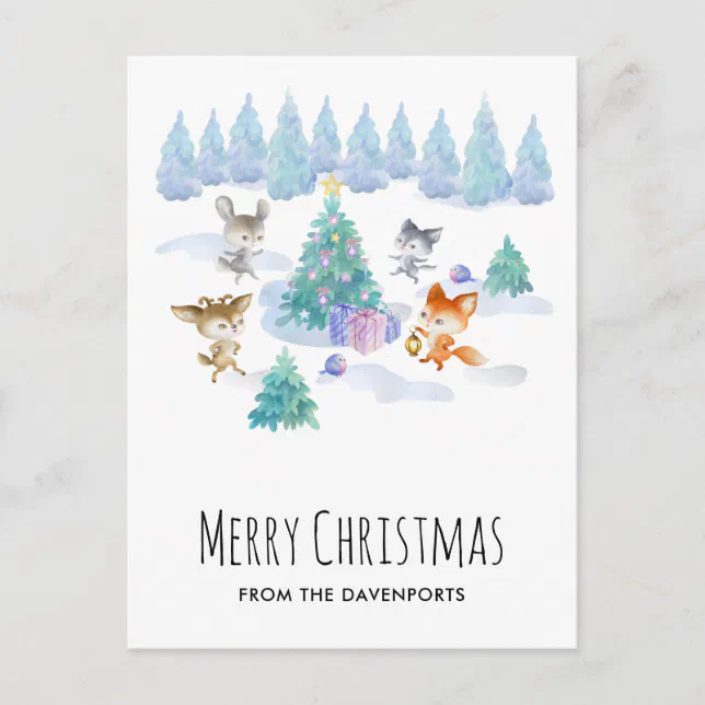 Forest Animals Dancing Around Christmas Tree Postcard | Zazzle