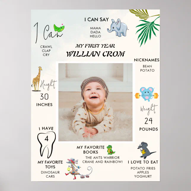Forest Animals First Year First Birthday Milestone Poster | Zazzle