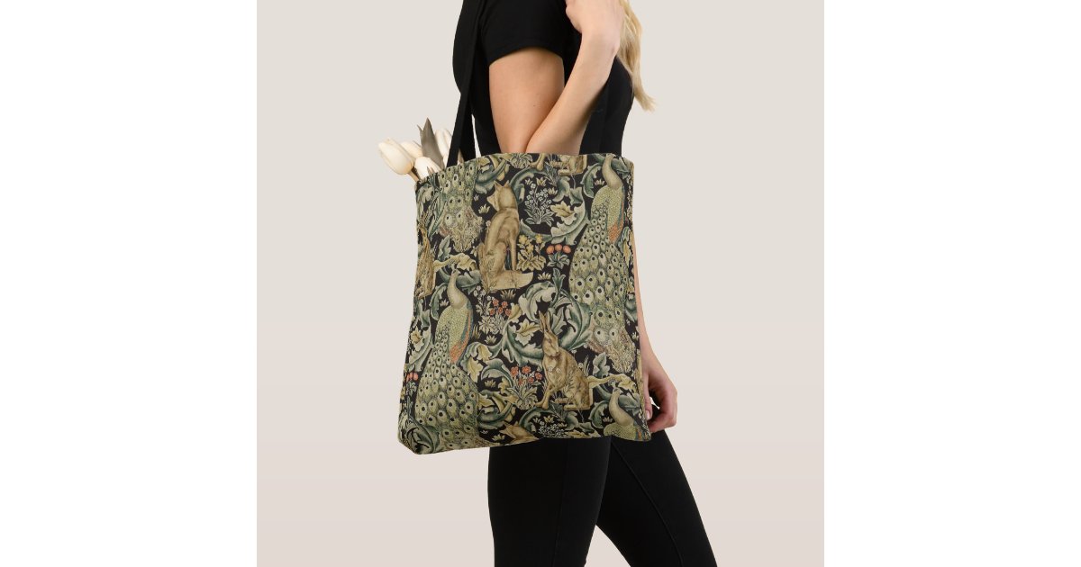 FOREST ANIMALS ,FOX, PEACOCK, HARE IN GREEN FLORAL TOTE BAG | Zazzle