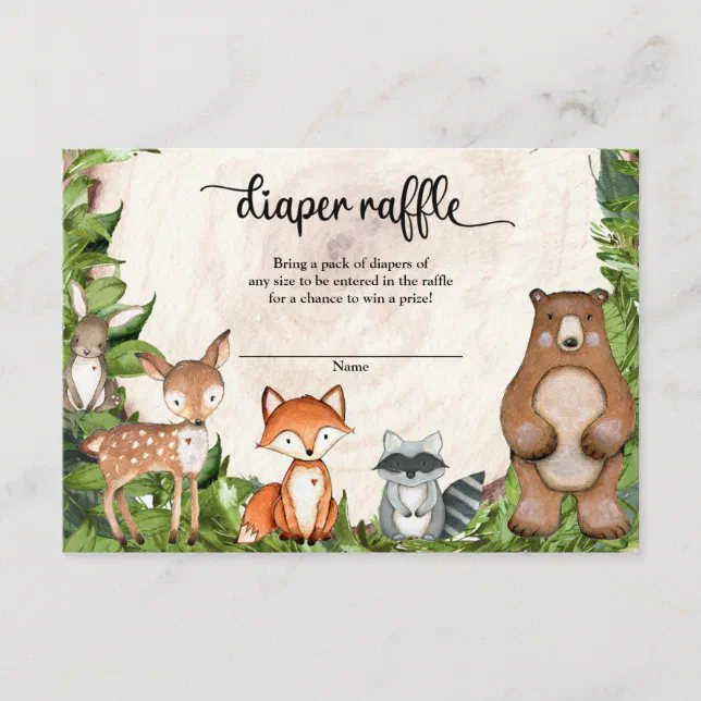 Forest animals greenery wooden slice diaper raffle enclosure card | Zazzle