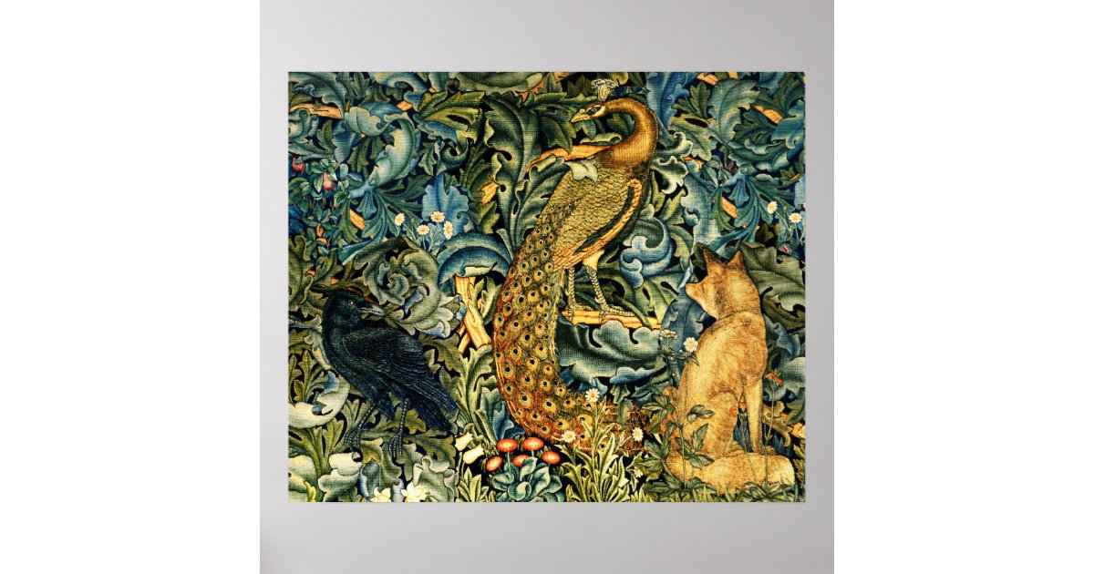 FOREST ANIMALS,RAVEN,FOX,PEACOCK Blue Green Floral Poster | Zazzle