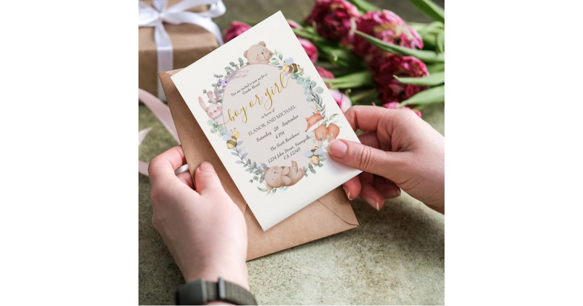 Forest Animals Rustic Watercolor Gender Reveal Invitation | Zazzle