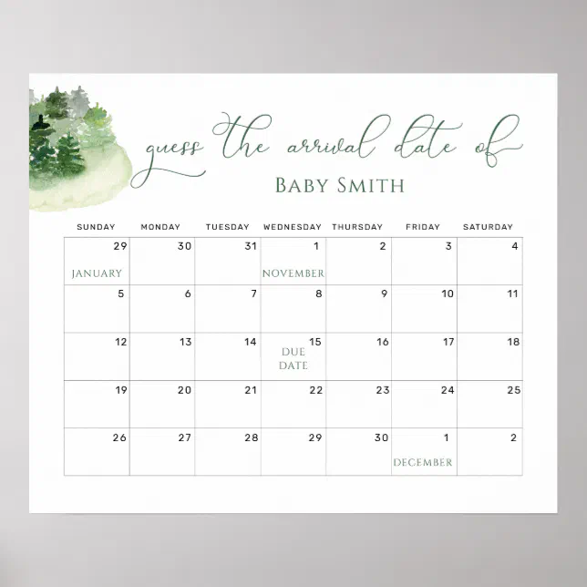 Forest baby shower guess Due Date Calendar Poster | Zazzle
