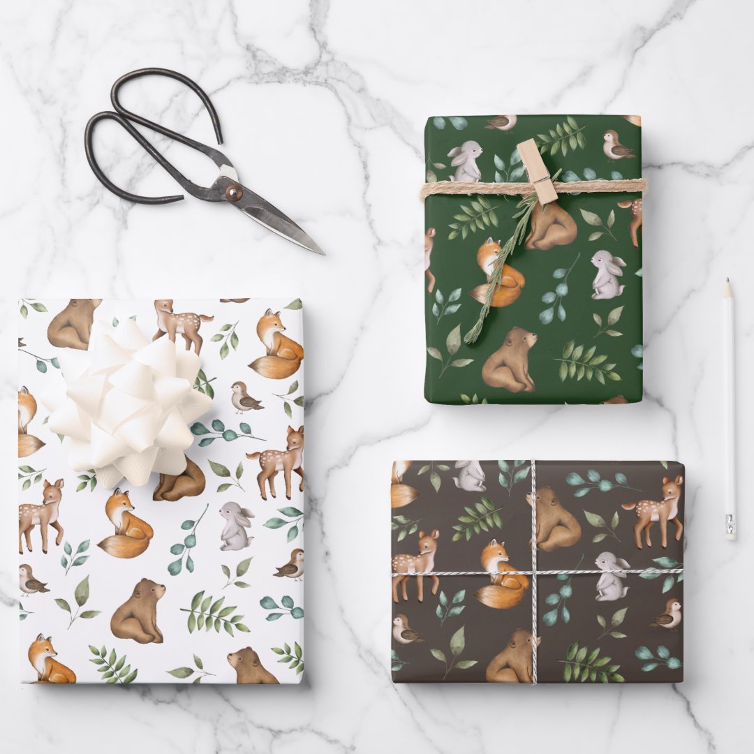 Forest Fable Woodland Animals Greenery Baby Wrapping Paper Sheets | Zazzle