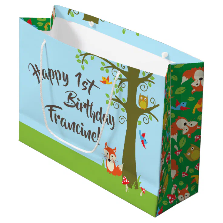 Forest Friends Woodland Cute 1st Birthday Party Large Gift Bag | Zazzle