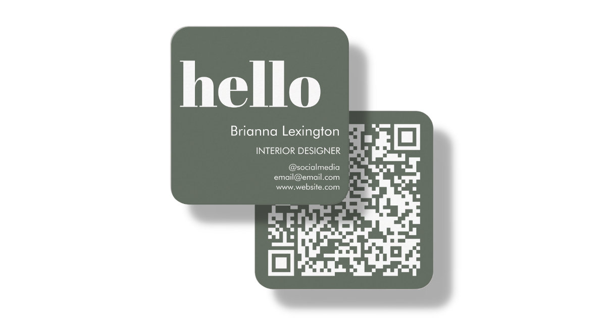 Forest Green | QR Code Social Media Hello Square Business Card | Zazzle