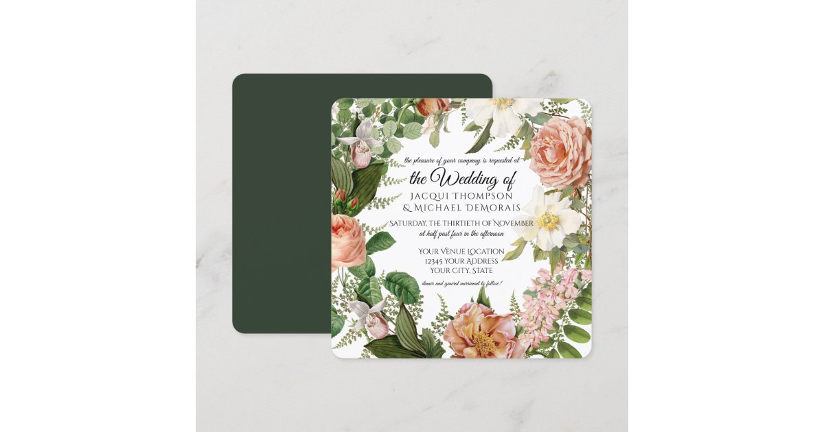 Forest Green Rose Vintage Botanical Floral Wedding Invitation | Zazzle