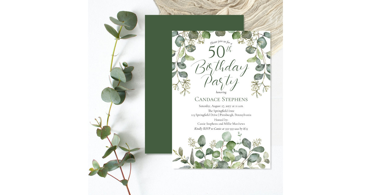Forest Green Seeded Eucalyptus 50th Birthday Party Invitation | Zazzle