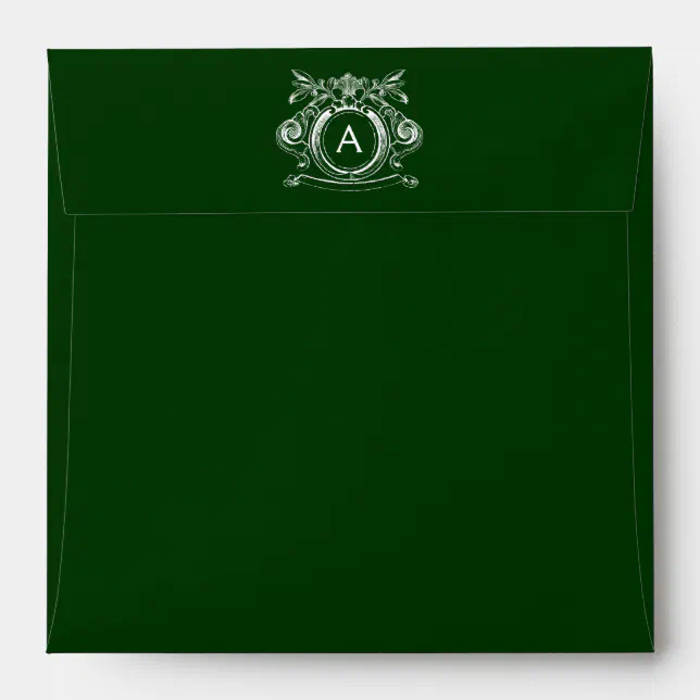 Forest Green Square Scrollwork Monogram Envelopes | Zazzle