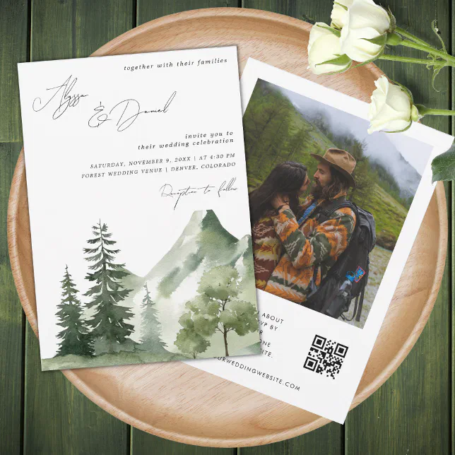 Forest Mountains Modern Script QR Code Wedding Invitation | Zazzle