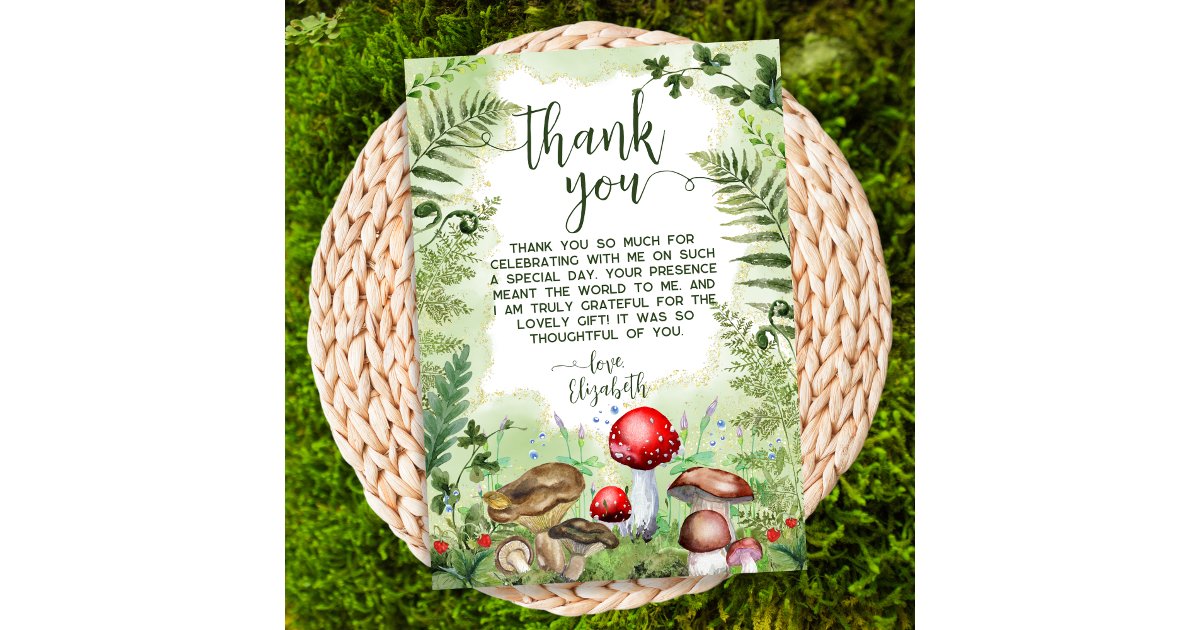 Forest Mushrooms Ferns Green Rustic Nature Script Thank You Card | Zazzle