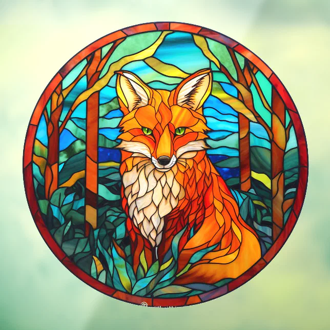 Forest Red Fox Faux Stained Glass Window Cling | Zazzle