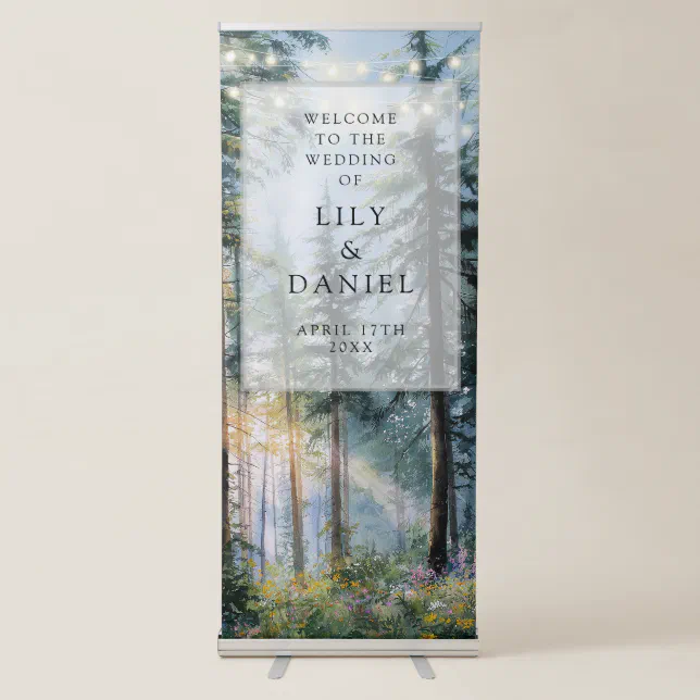 Forest String Lights Floral Wedding Welcome Retractable Banner | Zazzle