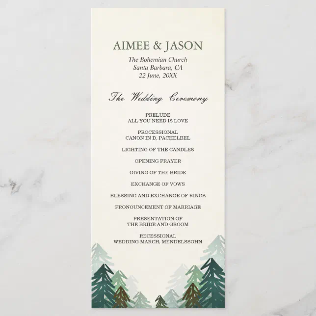 Forest Wedding Ceremony Program Pine Trees Winter | Zazzle