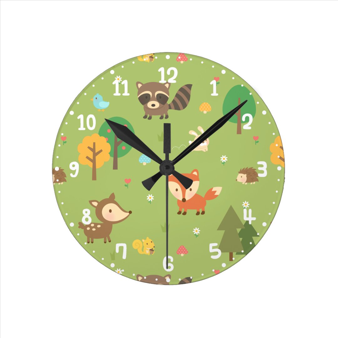 Forest Woodland Animal Pattern Kids Room Decor Round Clock | Zazzle