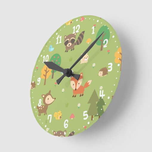 Forest Woodland Animal Pattern Kids Room Decor Round Clock | Zazzle