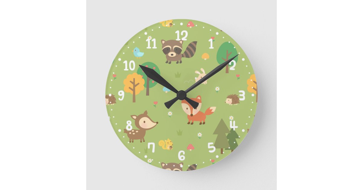 Forest Woodland Animal Pattern Kids Room Decor Round Clock | Zazzle